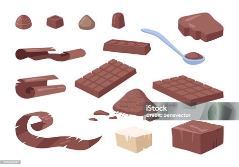 초콜릿 튀김 조각 및 부스러기 코코아 콩 제품 플랫 만화 스타일의 달콤한 음식 흰색과 다크 초콜릿 우유 깨진 막대의 흰색 조각의 벡터 그림 개체 그룹에 대한 스톡 벡터 아트