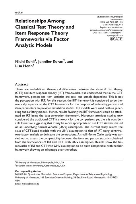 Relationships Among Classical Test Theory And Item Response Theory Frameworks Via Factor