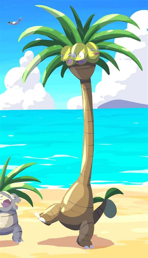 Download Alolan And Regular Exeggutor By The Beach Wallpaper Wallpapers Com