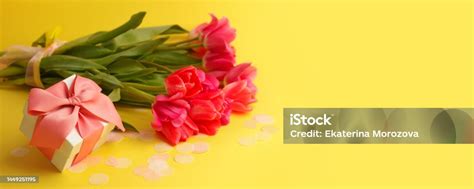 리본과 선물 상자 오버브라이트 옐로우 배경으로 감싸는 분홍색 빨간 튤립 꽃다발 공간을 복사합니다 해피 부활절 8 행진 여성의 날 세인트 발렌타인 생일 엄마의 날 배너 0명에