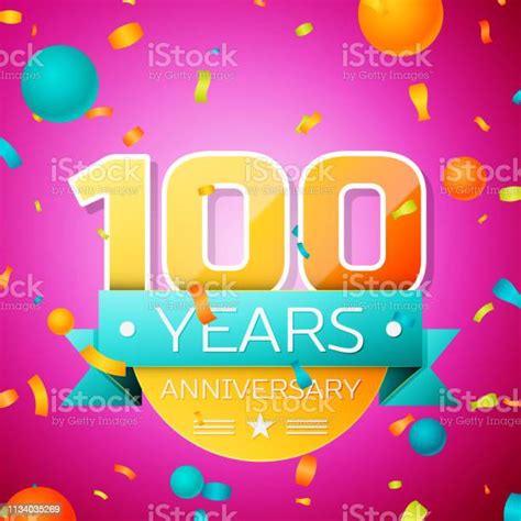 현실적인 100 년 기념일 축 하 디자인 배너입니다 골드 번호와 청록색 리본 풍선 분홍색 배경에 색종이 당신의 생일 파티를 위한