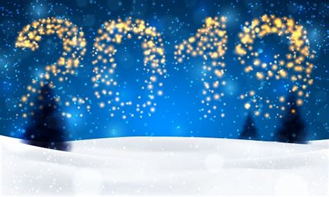 전나무와 눈 진한 푸른 하늘과 조명 숫자 2019와 크리스마스 밤 배경 벡터 일러스트 레이 션입니다 메리 크리스마스 포스터입니다 휴일 디자인 장식 벡터 일러스트 레이