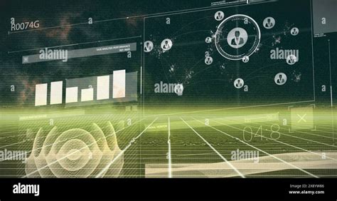 Image Of Interface With Data Processing Over Yellow Grid Network Against Black Background Stock