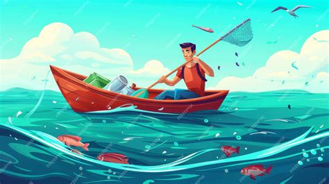 Premium Photo An Animated Cartoon Of A Man In A Boat Collecting Garbage From The Water This