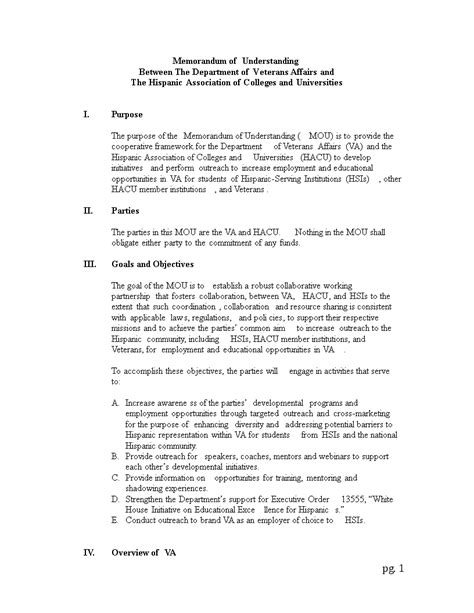 Memorandum Of Understanding Template For Veterans And Parties