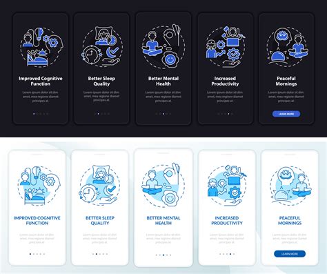 Waking Up Early Night And Day Mode Onboarding Mobile App Screen Life Walkthrough 5 Steps
