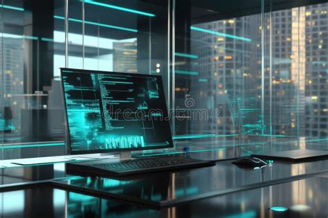 Modern Office Workspace With Computer Displaying Code On Screen And