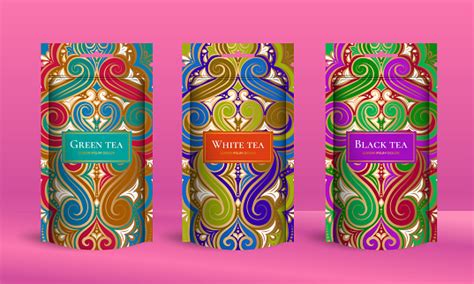 지퍼 파우치 백 모형을 사용한 차 포장 디자인 벡터 장식 템플릿입니다 우아하고 고전적인 요소 음식 음료 및 기타 패키지 유형에