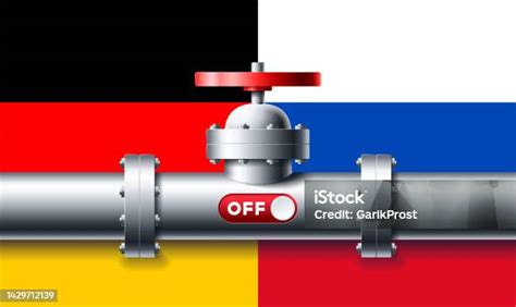빨간색 슬라이더가 꺼진 강철 파이프 라인과 깃발이있는 배경에 빨간색 수도꼭지가 있습니다 러시아와 독일 벡터 일러스트 레이 션