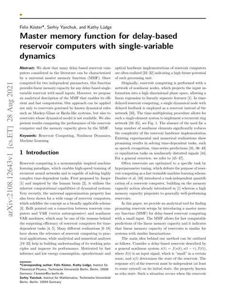 Pdf Master Memory Function For Delay Based Reservoir Computers With Single Variable Dynamics