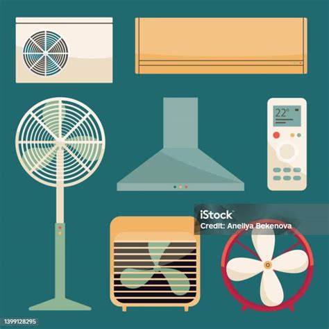 공조 공기 환기 만화 벡터 세트 인공 호흡기 장비의 벡터 일러스트레이션 공기 팬 시스템의 고립 된 만화 세트 선풍기 전기 설비에 대한 스톡 벡터 아트 및 기타 이미지