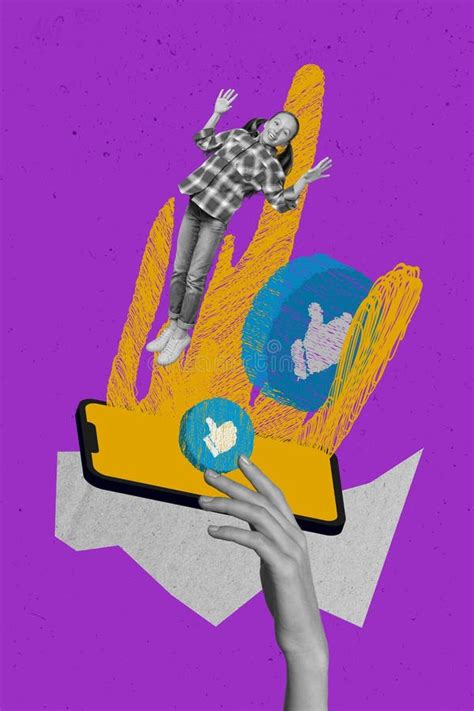 Vertical Collage Of Black White Effect Arm Hold Smart Phone Screen Like Thumb Up Notification