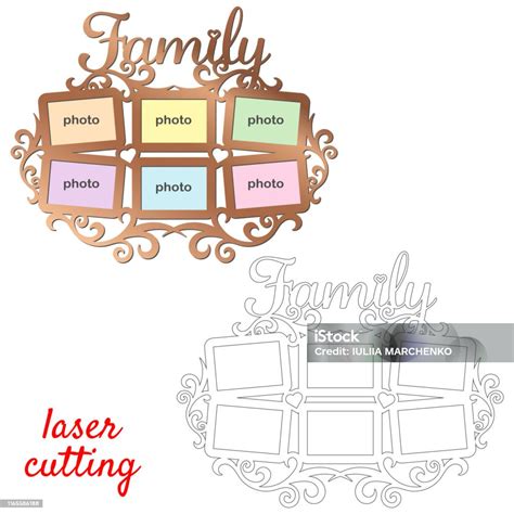 레이저 절단을위한 비문 가족이있는 사진 프레임 사진 프레임의 콜라주 나무와 금속 템플릿 레이저 커팅 머신 0명에 대한 스톡 벡터