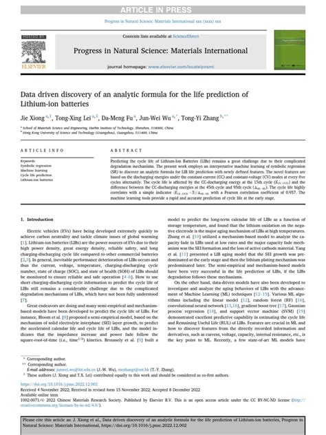 2023 Data Driven Discovery Of An Analytic Formula For The Life Prediction Of Lithium Ion