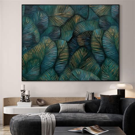 36x46 Extra Large Framed Wall Art Tropical Leaf Pattern Deep Teal