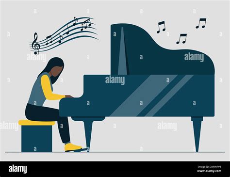 Black Skin Woman Playing Piano With Musical Notes On Background Vector