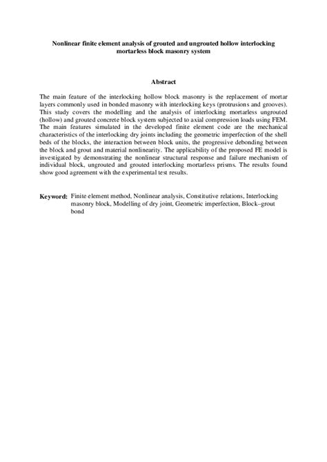 Pdf Nonlinear Finite Element Analysis Of Grouted And Ungrouted Hollow Interlocking Mortarless
