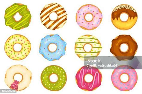 다른 토핑 맛있는 달콤한 디저트만화 도넛 초콜릿 유약과 뿌려 도넛 페이스트리 벡터 세트톱 뷰 도넛 도넛에 대한 스톡 벡터 아트 및 기타 이미지 Istock