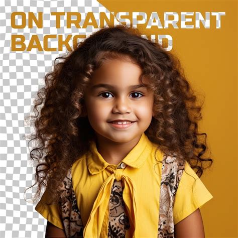 오스트레일리아 원주민 민족 출신의 무관심한 유치원 소녀가 경제학자 의상을 입고 파스텔 레몬 배경에 한 어깨 앞으로의 스타일로 포즈를 취합니다 프리미엄 Ai 생성 Psd