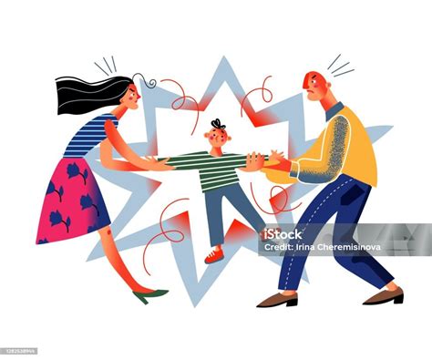 아이를 통해 싸우는 화가 남자와 여자 가정 갈등에 가족 여자와 남자 다툼 아버지와 어머니는 아이를 당기고 소년 고통 불행한 결혼