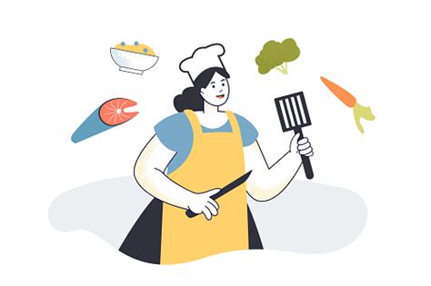 앞치마와 모자를 쓴 여성 요리사가 건강 식품을 요리합니다 가정 주방에 대한 스톡 벡터 아트 및 기타 이미지 가정 주방 가정의 방 날기 Istock