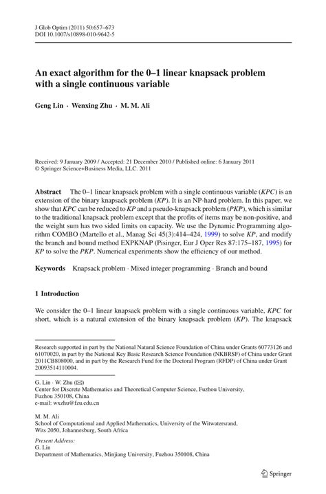 Pdf An Exact Algorithm For The 01 Linear Knapsack Problem With A Single Continuous Variable