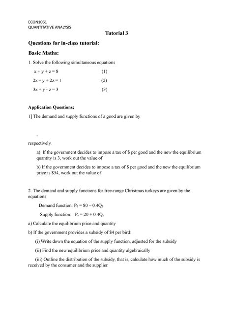 Tutorial 3 Tut3 ECON QUANTITATIVE ANALYSIS Tutorial 3 Questions For In Class Tutorial Basic