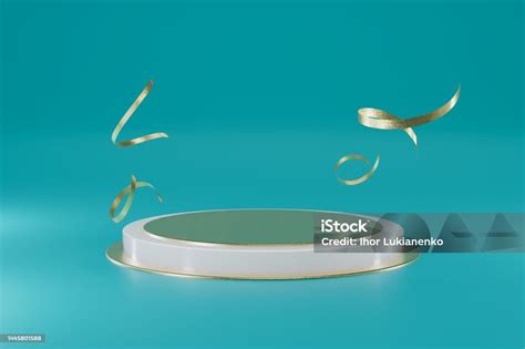 청록색 배경에 금색 리본이 있는 상품이나 텍스트를 배치하기 위한 둥근 연단 3d 렌더링 0명에 대한 스톡 사진 및 기타 이미지 0명 강단 광고 Istock