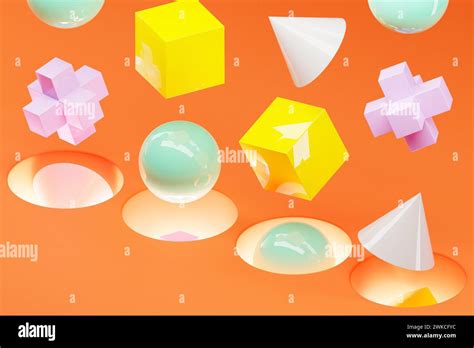 3d Illustration Abstract Multi Colored Shapes Cube Torus Sphere Polygon Falling Into A