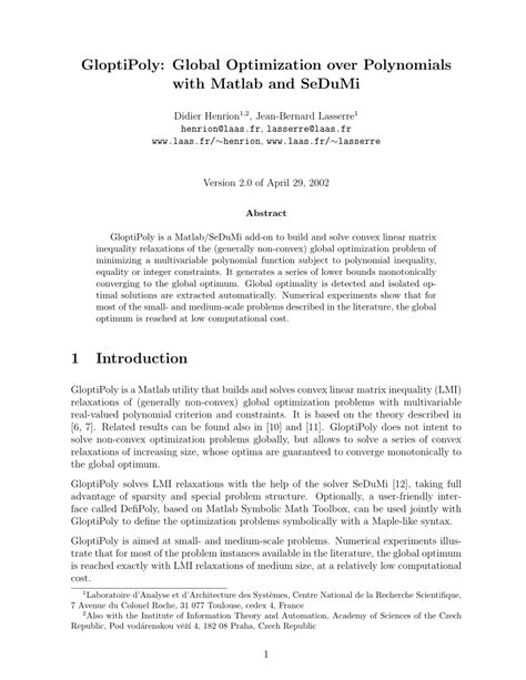 Pdf Gloptipoly Global Optimization Over Polynomials With Matlab And