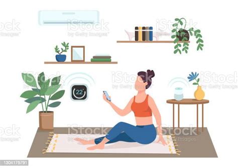 공기 조절 플랫 컬러 벡터 얼굴없는 캐릭터를 제어하는 여성 운동을 위해 온도 조절을 조정하는 소녀 웹 그래픽 디자인 및 애니메이션을 위한 스마트 온도 조절 격리 만화