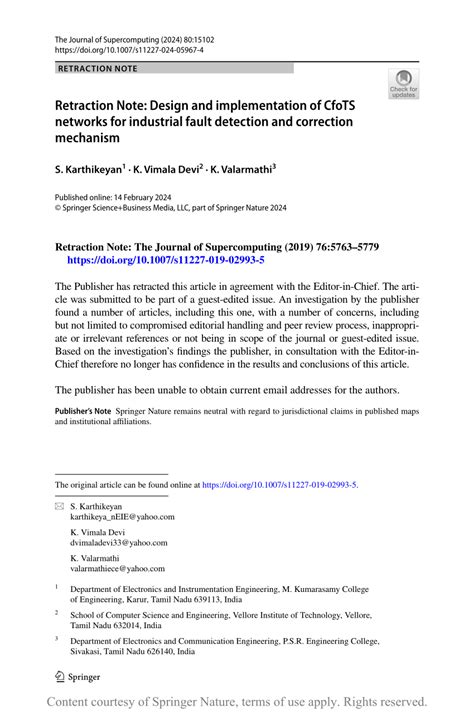 Retraction Note Design And Implementation Of Cfots Networks For Industrial Fault Detection And