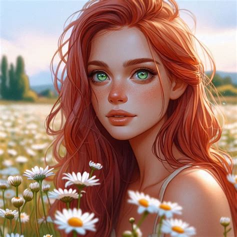 Девушка с рыжими волосами и зелеными глаза на фоне поля с ромашками