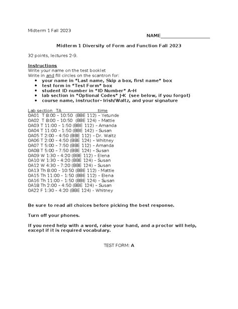 Midterm 3 Fall 2023 A Midterm 1 Fall 2023 NAME Midterm 1 Diversity Of
