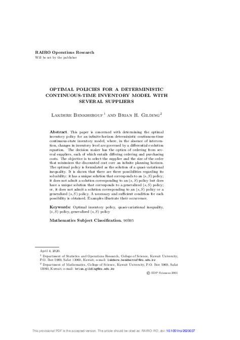Pdf Optimal Policies For A Deterministic Continuous Time Inventory Model With Several Suppliers