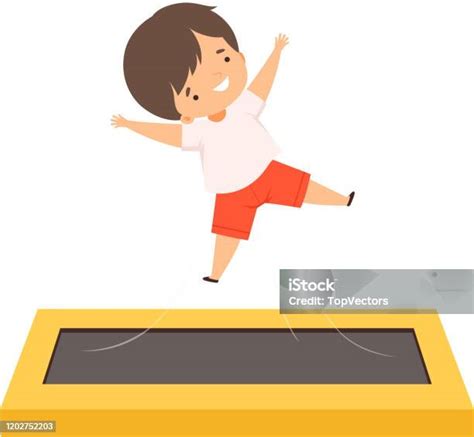 미소 귀여운 소년 트램폴린에 튀는 행복한 아이 트램폴린과 재미 활동적인 어린이 레저 벡터 일러스트 귀여운에 대한 스톡 벡터 아트 및 기타 이미지 Istock