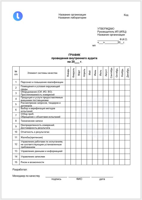 График проведения внутреннего аудита Формы записей для лабораторий Платформа Линко