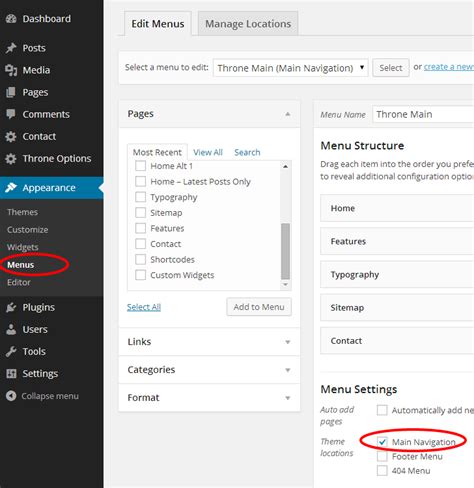 Navigation Menu Setup Throne WordPress Theme Documentation Meks