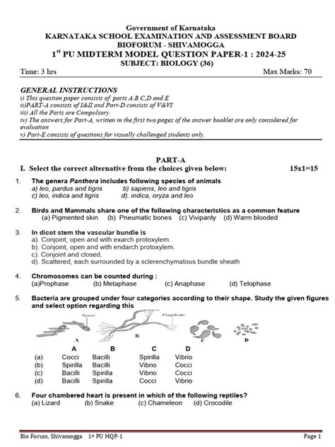 1st Pu Midterm Model Paper 1 Biology 2024 25 Pdf