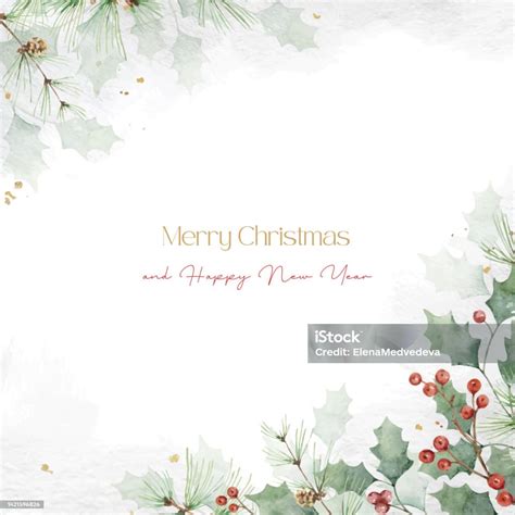 녹색 잎과 홀리 열매가있는 수채화 크리스마스 벡터 카드 인사말 카드 표지 전단지 엽서 디자인 새해 초대장 결혼식을위한 보편적 인 예술적 템플릿 0명에 대한 스톡 벡터 아트