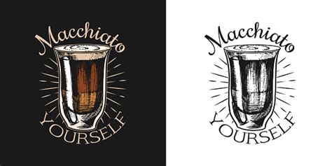 커피 숍 로고와 엠블럼 음료 한 잔 라떼 또는 카푸치노 또는 에스프레소 빈티지 복고풍 배지 손으로 그린 스케치가 새겨 져 있습니다 티셔츠 타이포그래피 또는 간판을위한 템플릿