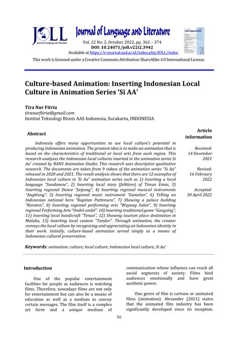 Pdf Culture Based Animation Inserting Indonesian Local Culture In Animation Series ‘si Aa
