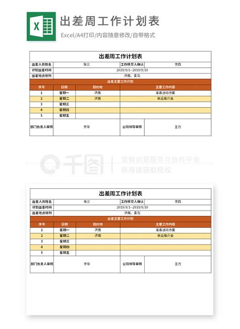 出差excel模板 出差周工作计划表 模板免费下载 Xlsx格式 编号35578121 千图网