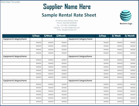 Rate Sheet Template Excel