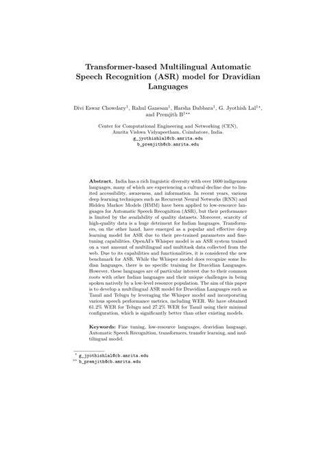 Pdf Transformer‐based Multilingual Automatic Speech Recognition Asr Model For Dravidian