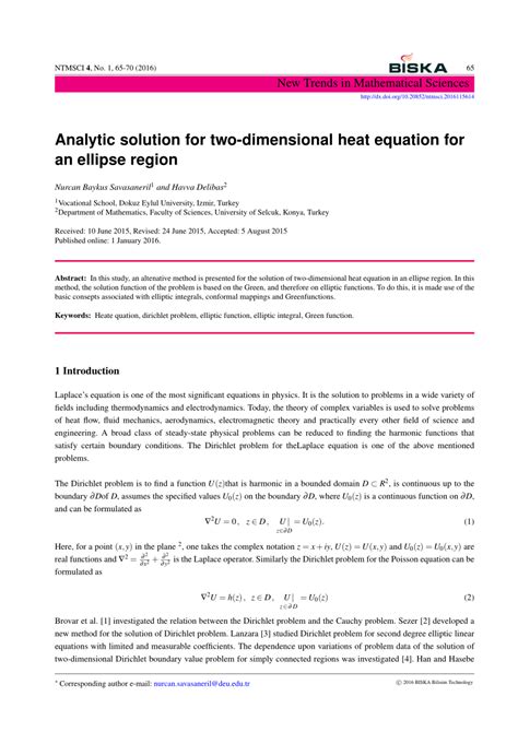 Pdf Analytic Solution For Two Dimensional Heat Equation For An Ellipse Region