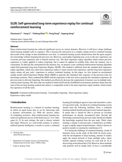 sler self generated long term experience replay for continual reinforcement learning request pdf