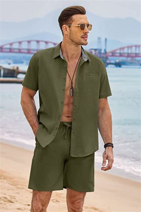 Coofandy Mens 2 Pieces Linen Set Short Sleeve Beach Outfits Casual