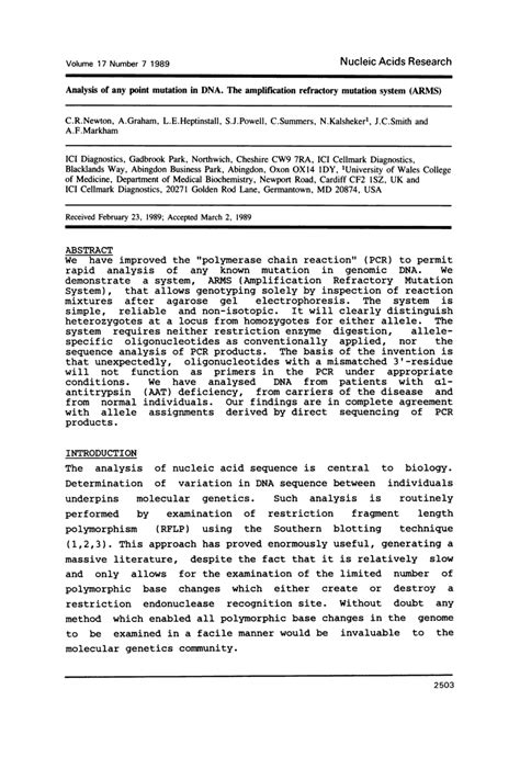 Pdf Analysis Of Any Point Mutation In Dna The Amplification Refractory Mutation System Arms