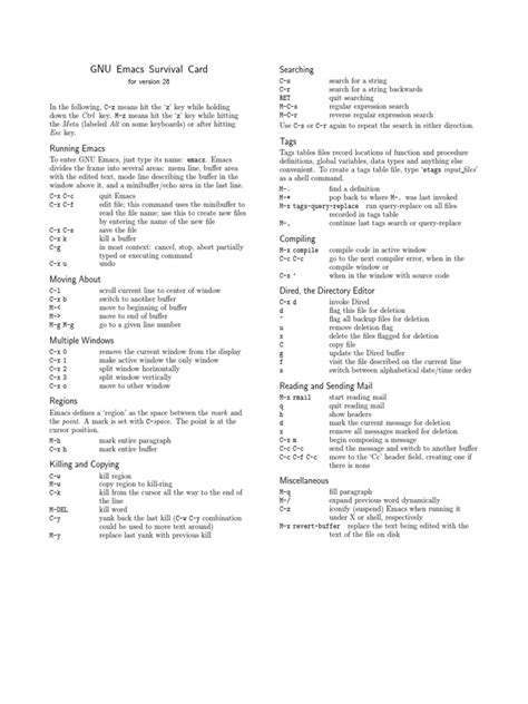 Emacs Survival Card For Version 28 Pdf Regular Expression Gnu